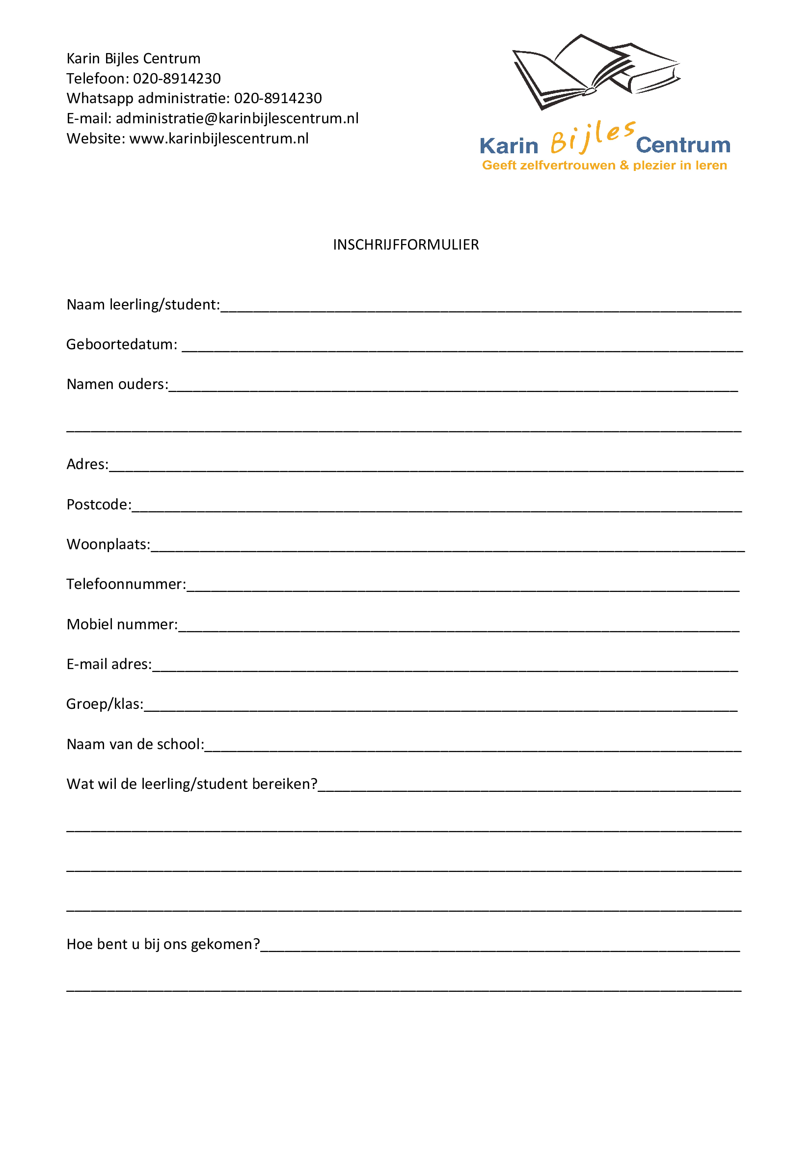 Inschrijfformulier bijles - Karin Bijles Centrum